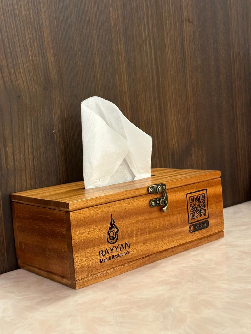 Premium Rectangular Wooden Tissue Box with QR Code and Logo | Made in UAE