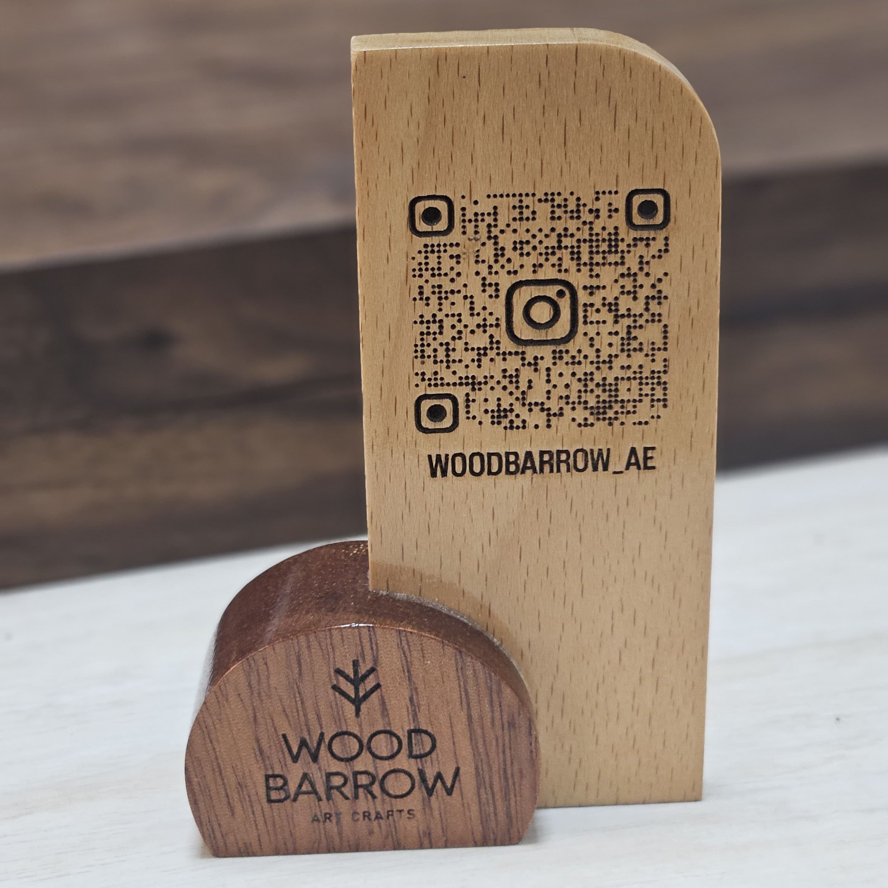 Engraved Wooden QR Code Stand – Mahogany & Beech | UAE Made | Sustaina